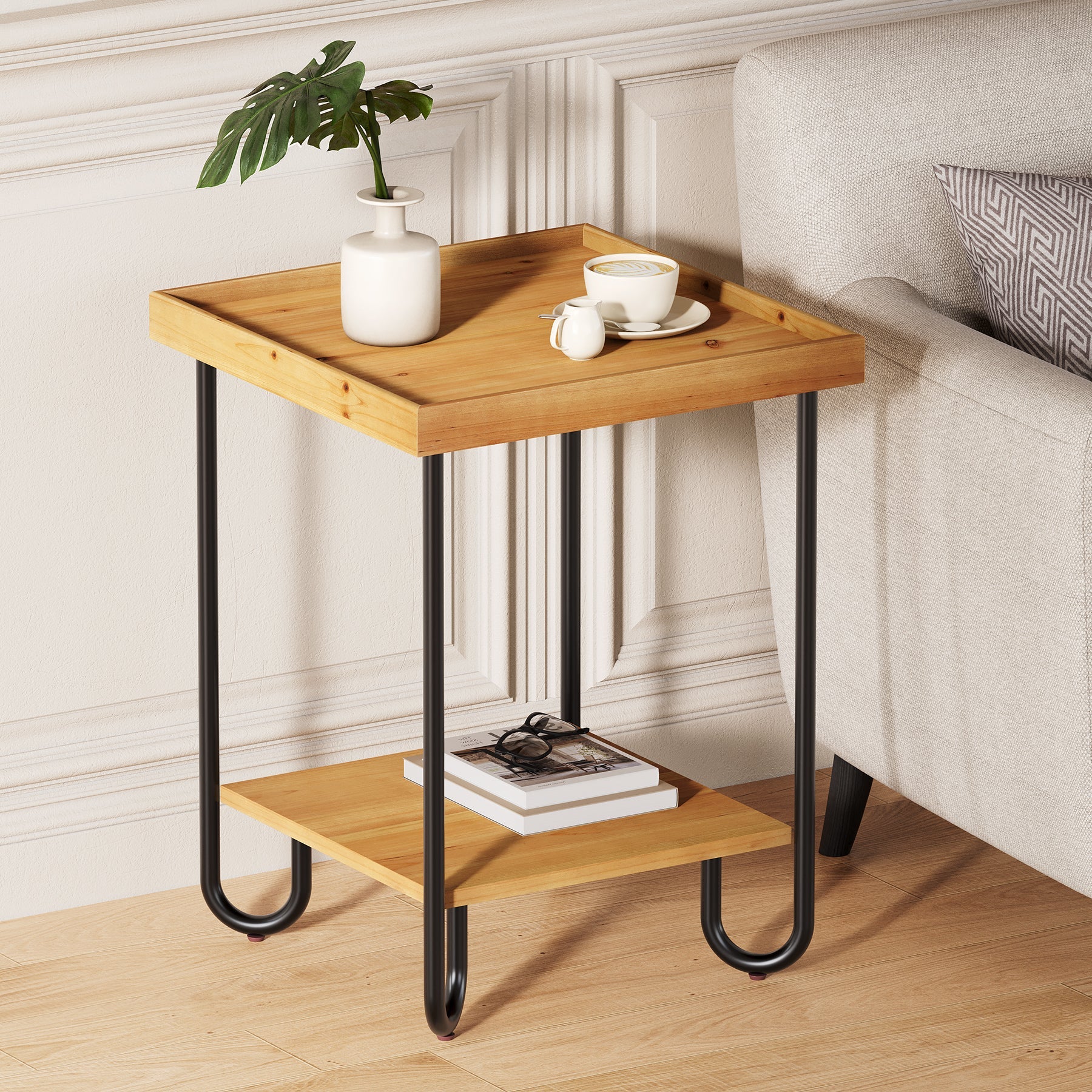 Solid Wood End Table, 2-Tier Side Table Nightstand with Storage Shelf ...