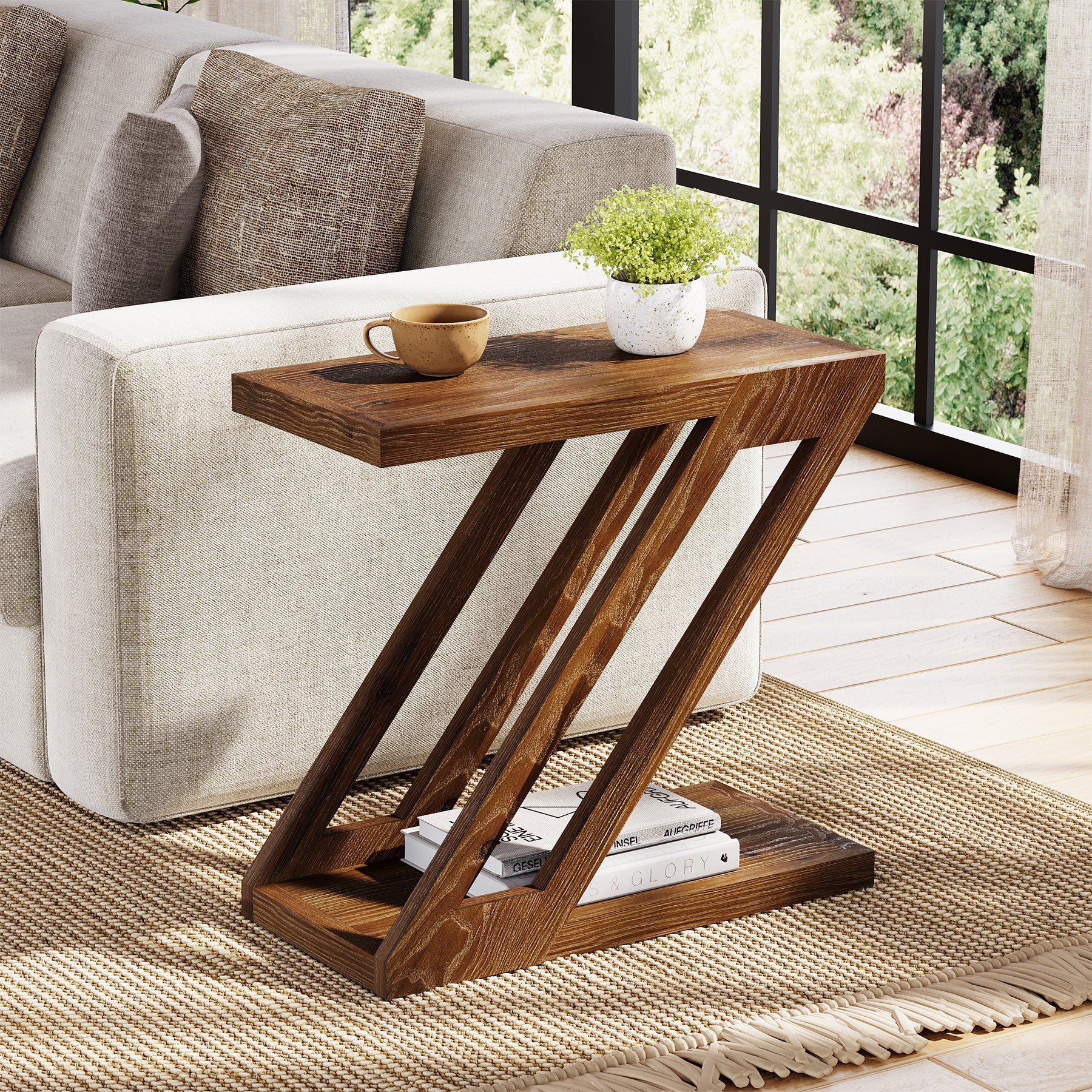 Solid Wood End Table, Z-Shaped Side Table with 2-Tier Storage-TribeWood