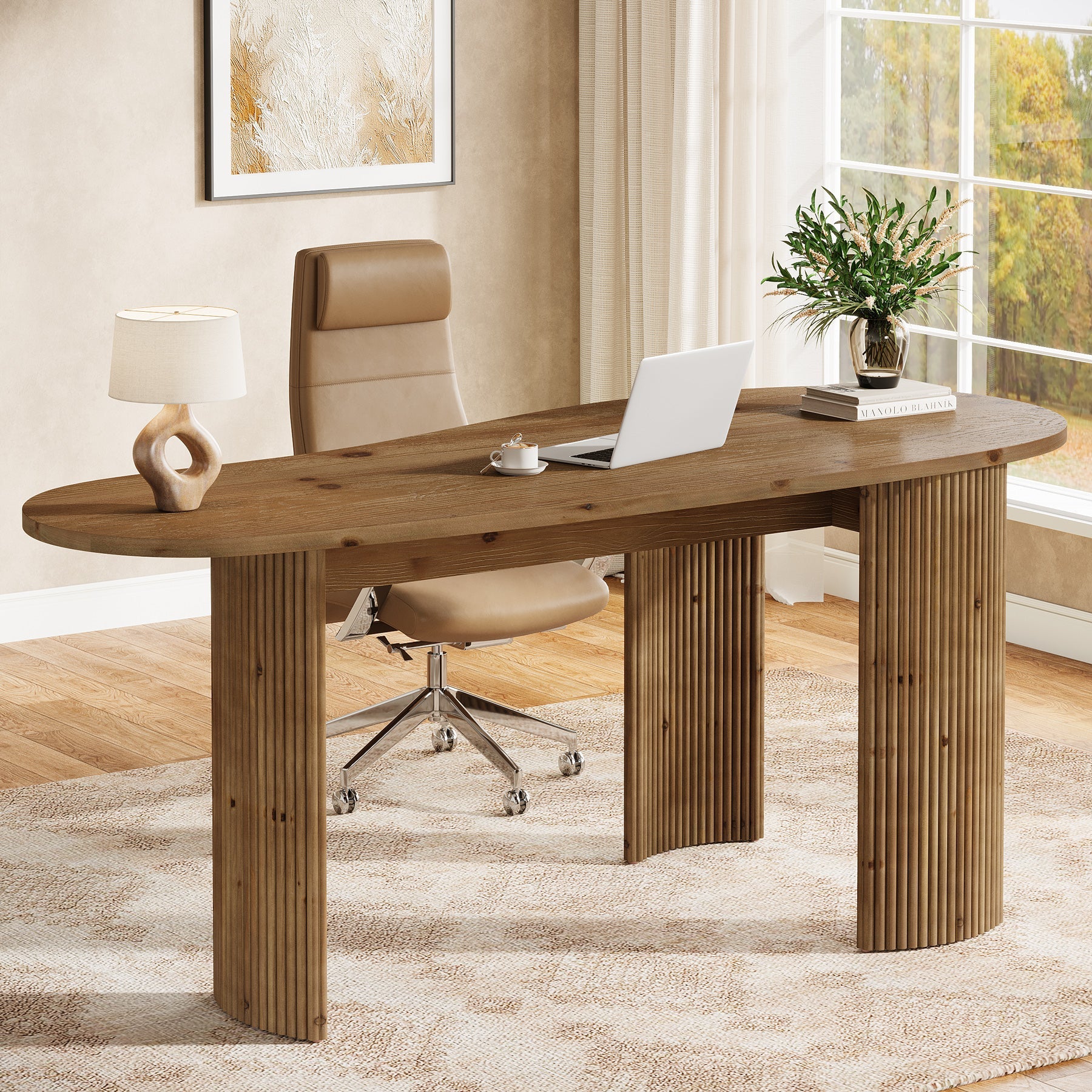 59" Solid Wood Executive Desk, Curved Computer Desk with Fluted Legs ...