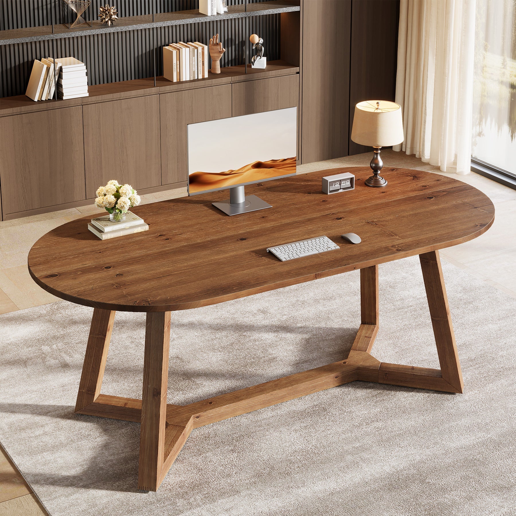 Solid Wood Computer Desk, 63" Oval Executive Desk with Sturdy Tapered ...