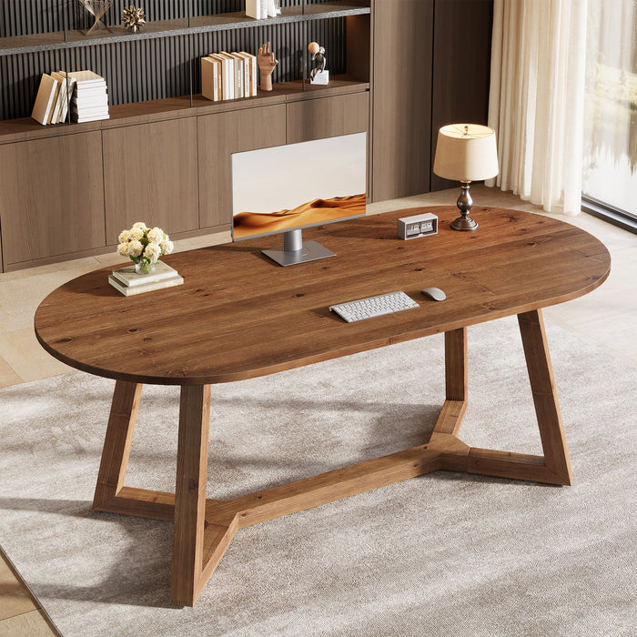 Solid Wood Computer Desk, 63" Oval Executive Desk with Sturdy Tapered ...