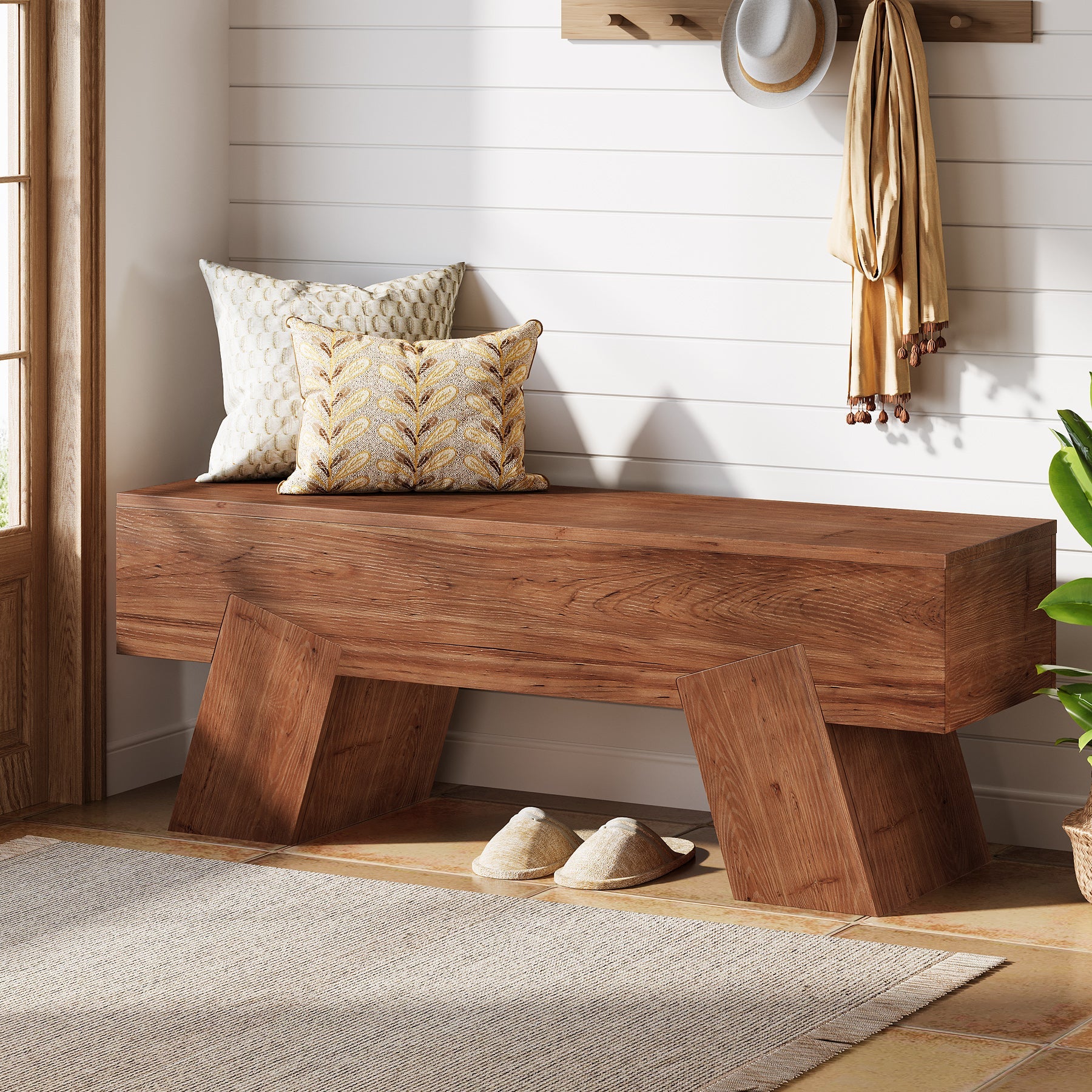 47" Solid Wood Shoe Bench, Indoor End of Bed Bench with Sturdy Legs ...