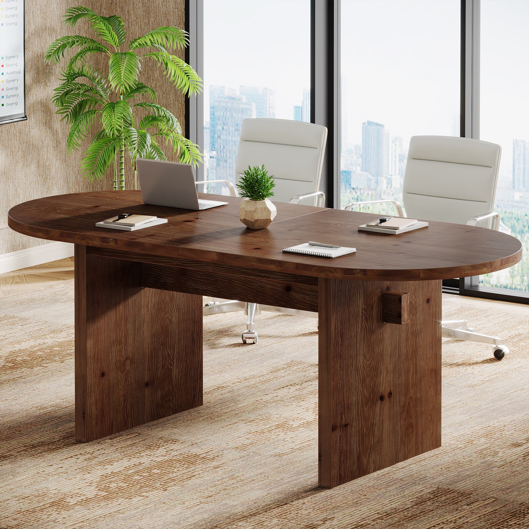 Solid Wood Conference Table, 63" Oval Executive Desks with Wood Base ...