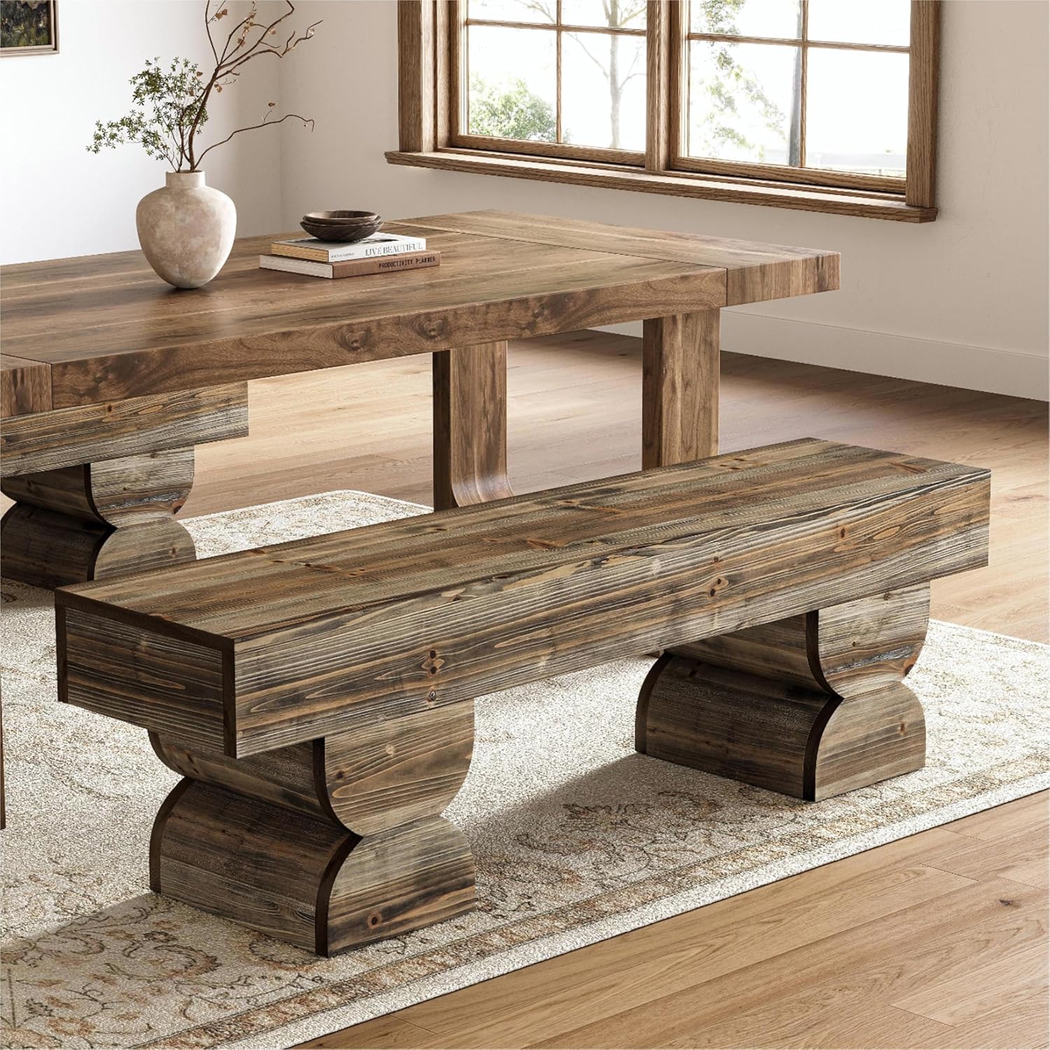 59" Dining Bench, Wood Kitchen Stool with Sturdy Double Pedestal-TribeWood