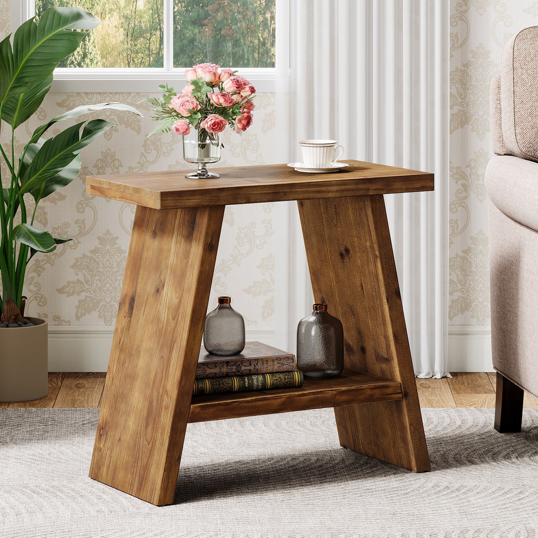 23.6" End Table, Solid Wood Small Side Table with 2-Tier Storage-TribeWood