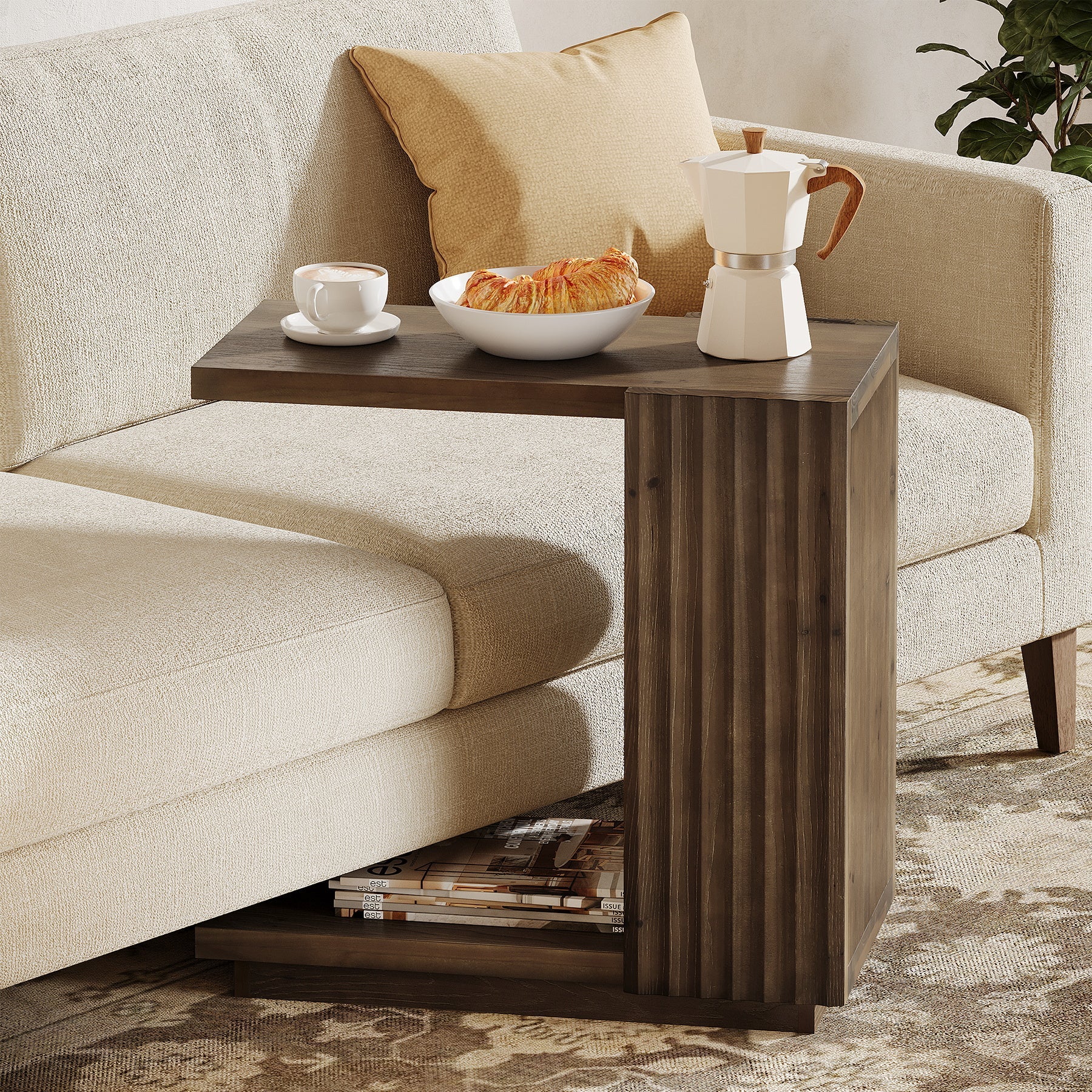 C Shaped Sofa End Table, Wood Side Table with Fluted Panels-TribeWood